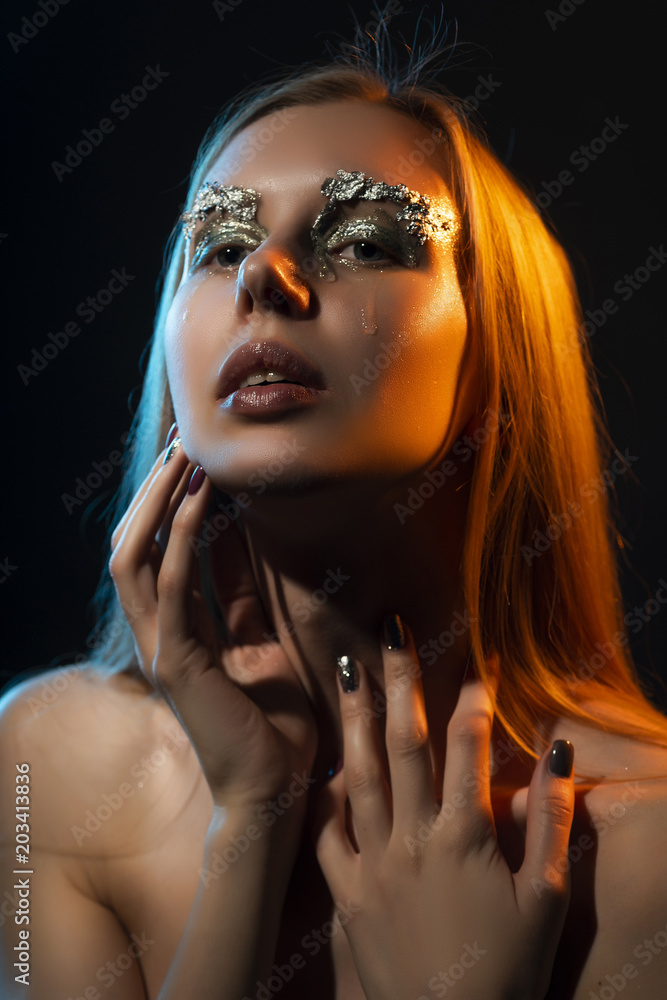 Beautiful Crying Naked Blonde Girl Covers Topless Big Chest With Her