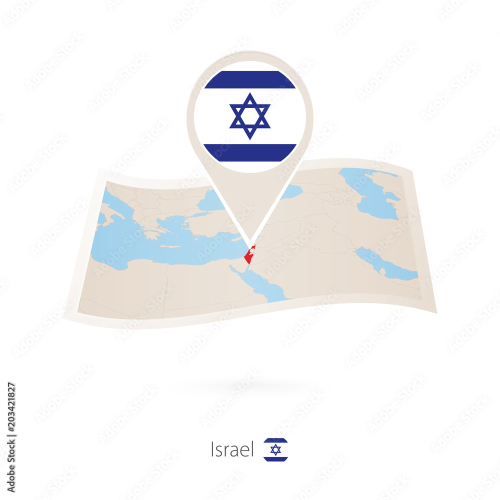 Folded paper map of Israel with flag pin of Israel. Stock Vector ...