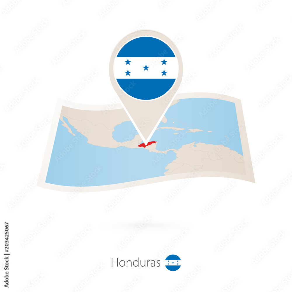Folded paper map of Honduras with flag pin of Honduras. Stock Vector ...