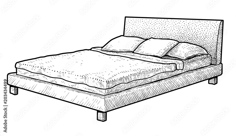 Bed illustration, drawing, engraving, ink, line art, vector Stock ...
