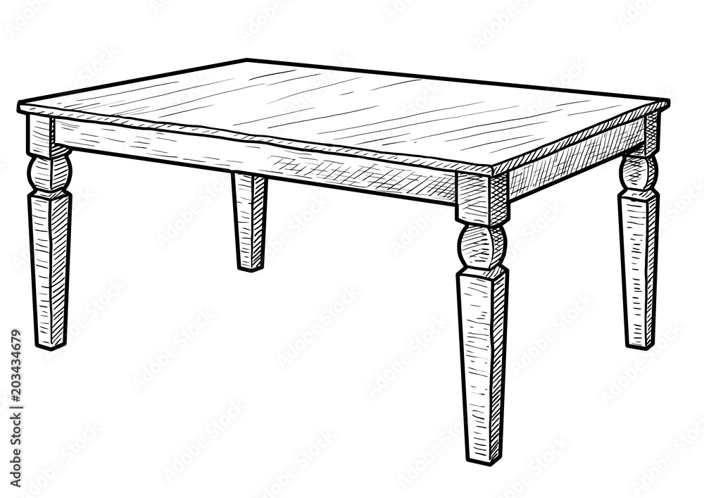 Wooden table illustration, drawing, engraving, ink, line art, vector ...