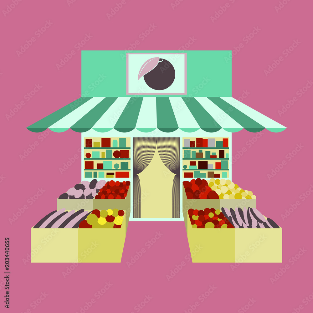 Local fruit and vegetables store building. Groceries crates in front of ...