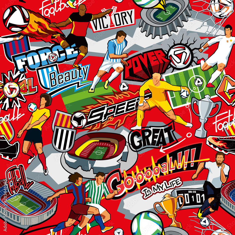 Seamless color pattern on a football theme on a red background ...