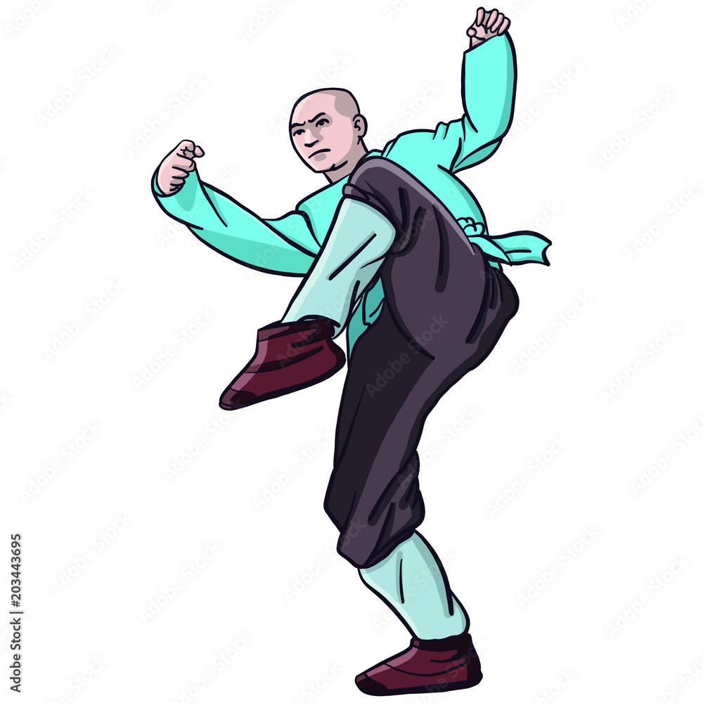 isolated vector comic shaolin monk in kung fu pose. traditional asian ...