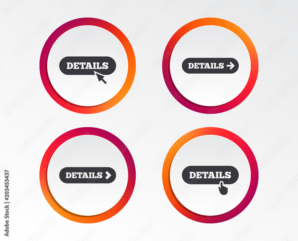 Details with arrow icon. More symbol with mouse and hand cursor pointer ...