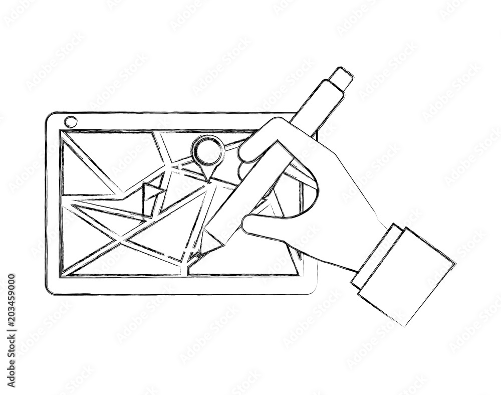 hand holding digital pen on screen with gps navigation map vector ...