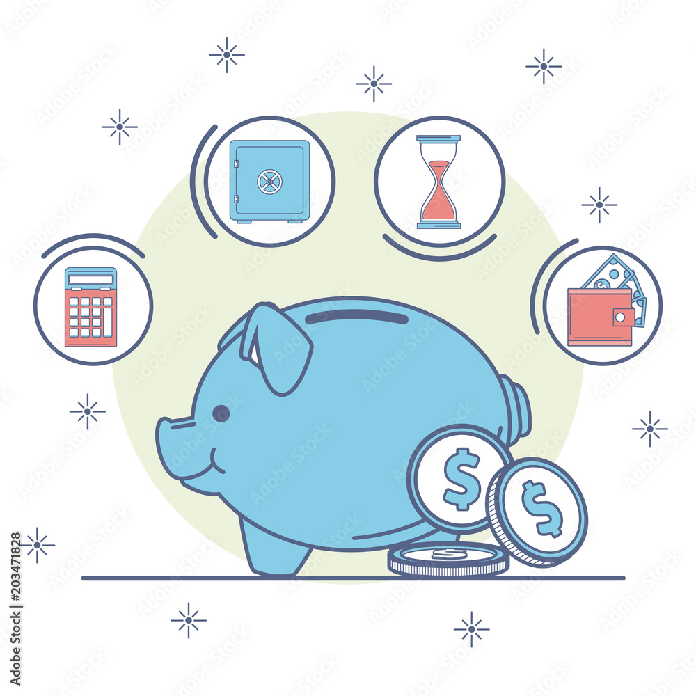 Money and bank concept with round symbols cartoons vector illustration ...