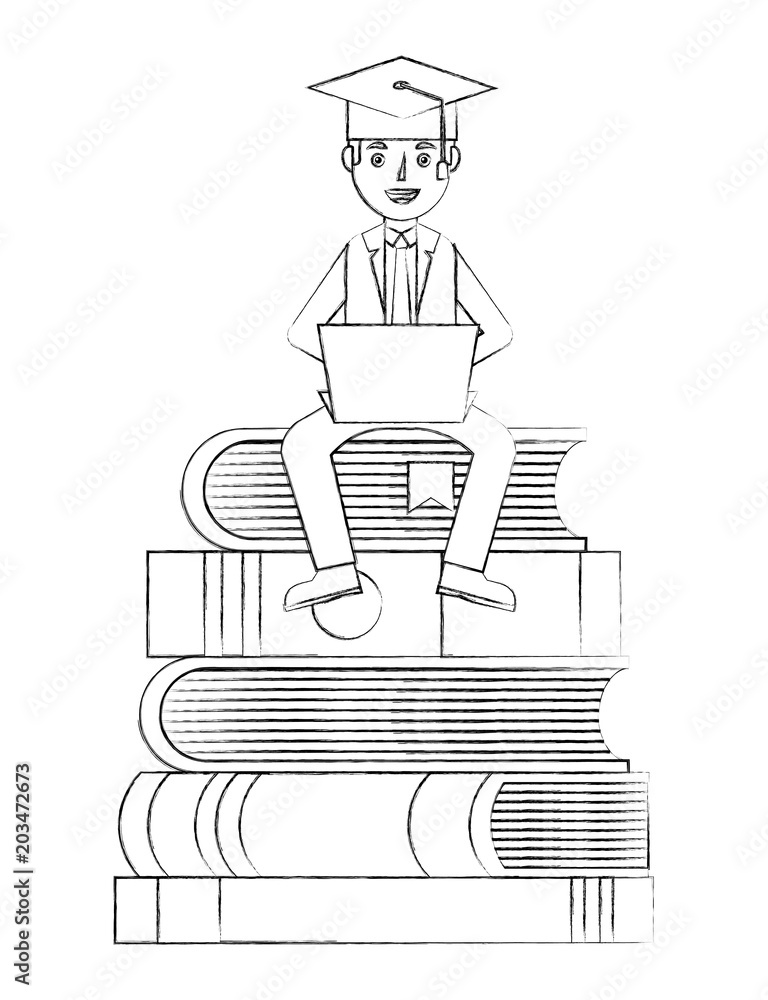 young graduate boy sitting on a stack of books vector illustration ...