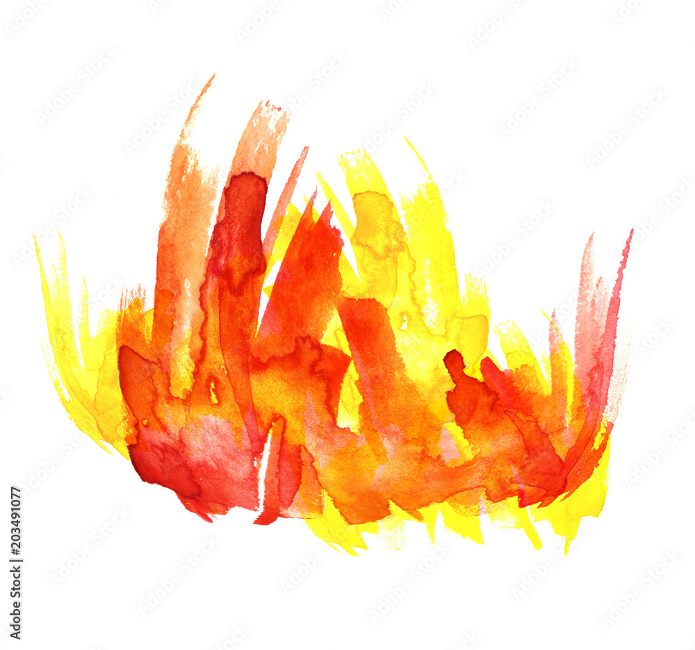 Watercolor abstract spot of red, orange and yellow. Fire on a white ...