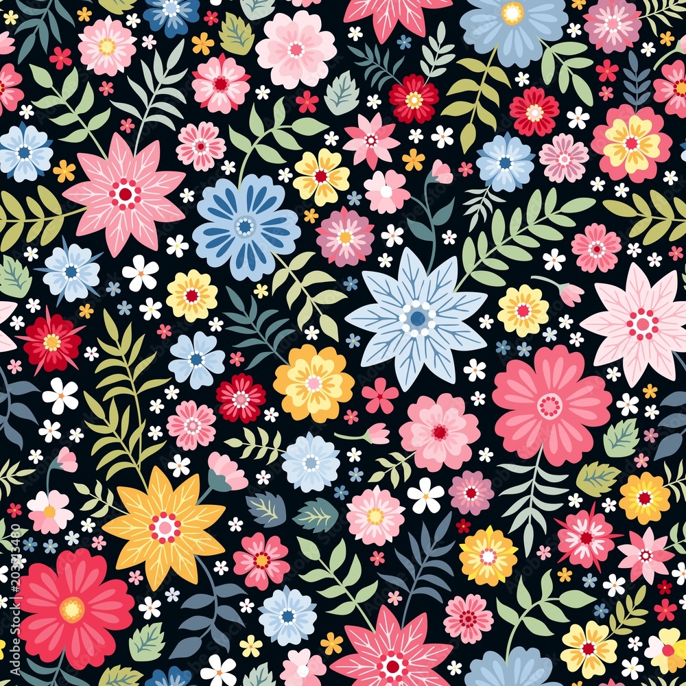 Seamless ditsy floral pattern with fantasy little flowers and leaves in ...