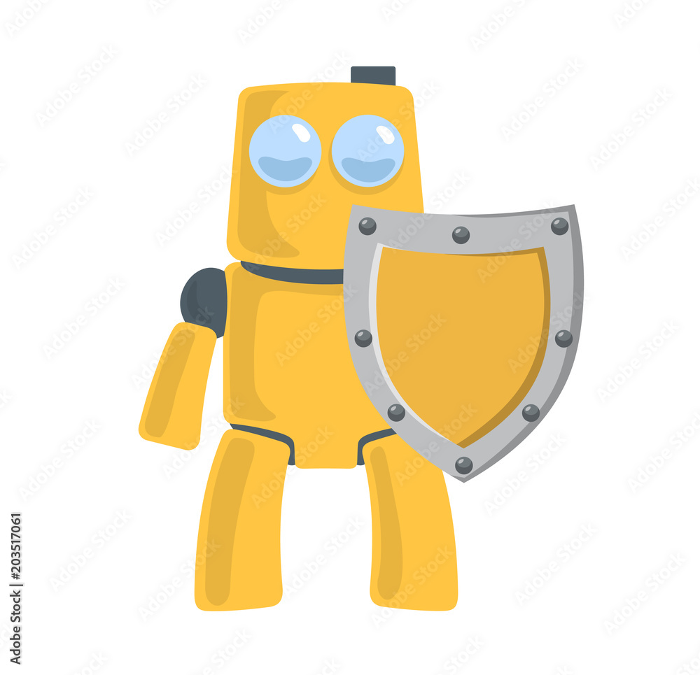 Friendly yellow robot with the shield. Robot protector. Cute character ...