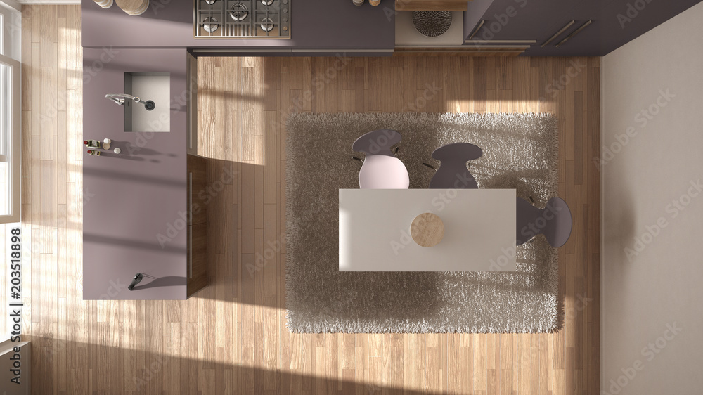 Top view, modern minimalistic wooden kitchen with dining table and ...