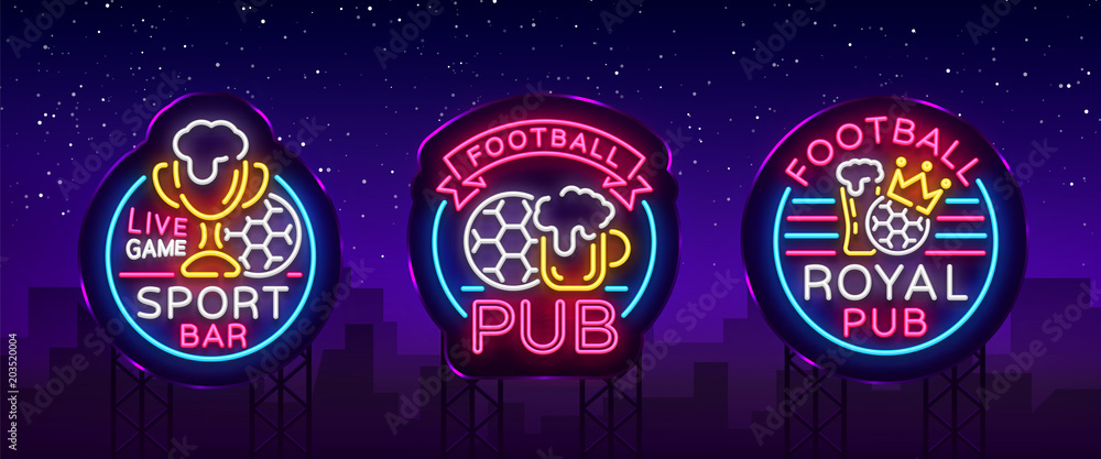 Sports bar collection of logos in neon style. Set neon signs, soccer ...