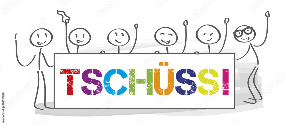 Tschüss und auf wiedersehen. Strichmännchen halten Plakat zur ...