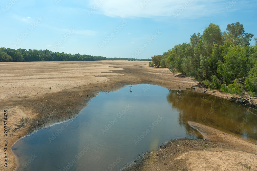 Birds in the almost dry Gilbert River in the outback of Queensland in ...