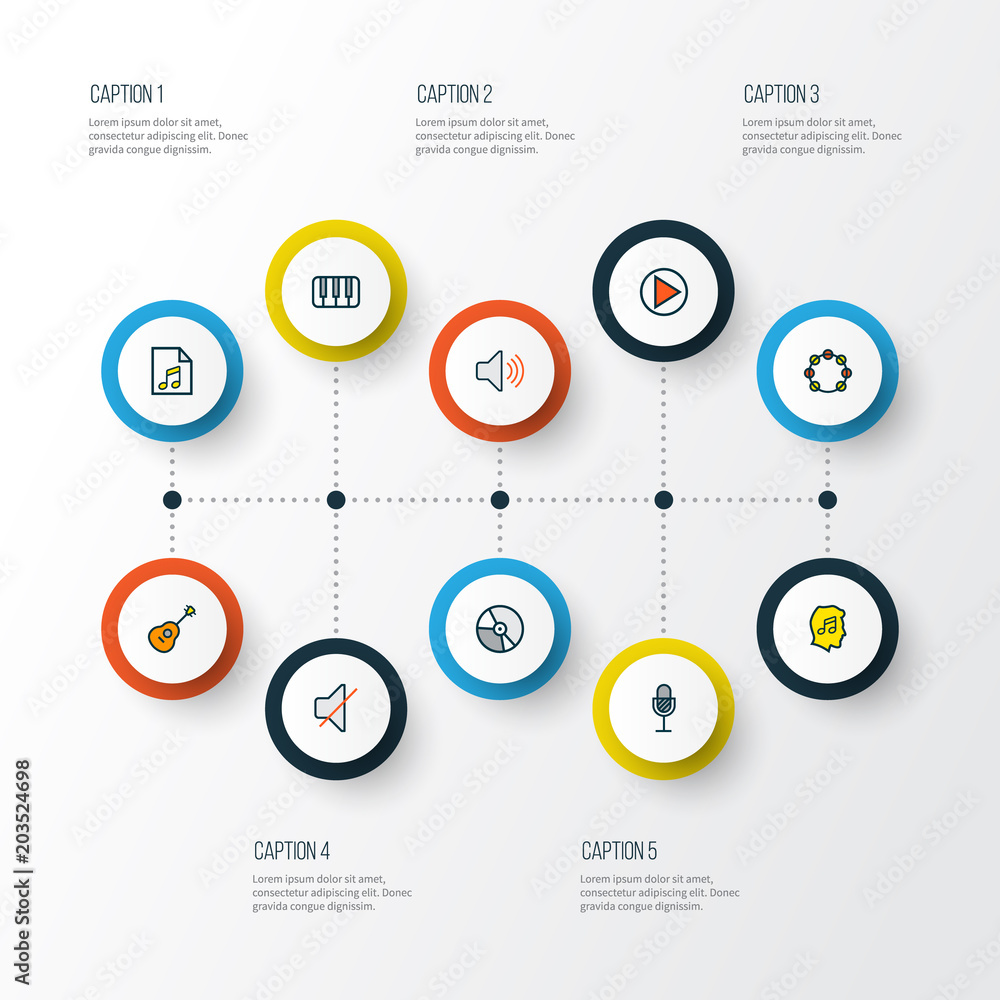 Multimedia icons colored line set with soundtrack, vinyl, fanatic and ...