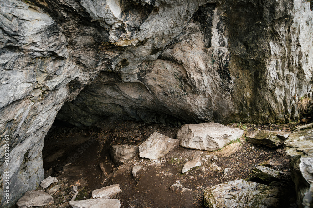 Beautiful cave. View from inside dark dungeon. Textured walls of cave ...