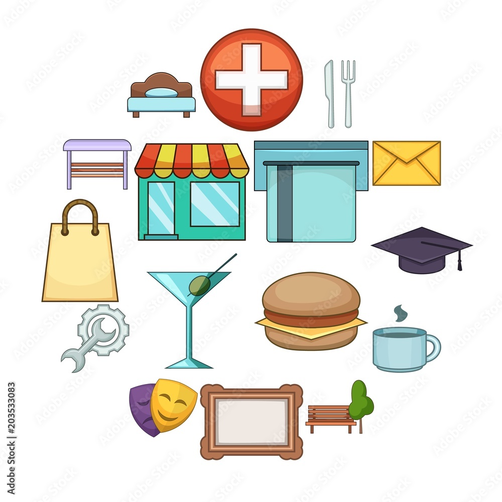 Map landmarks objects icons set. Cartoon illustration of 16 map ...