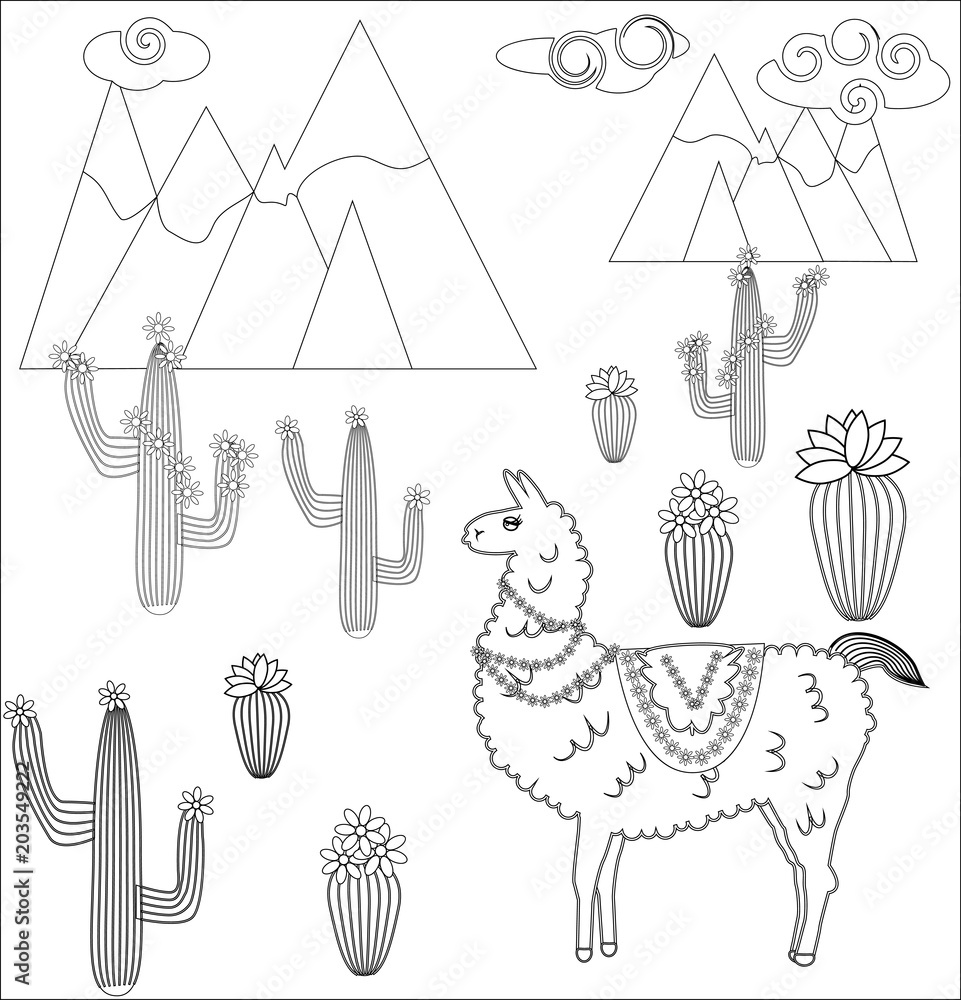 Coloring page of cartoon lama. Vector illustration, coloring book for ...
