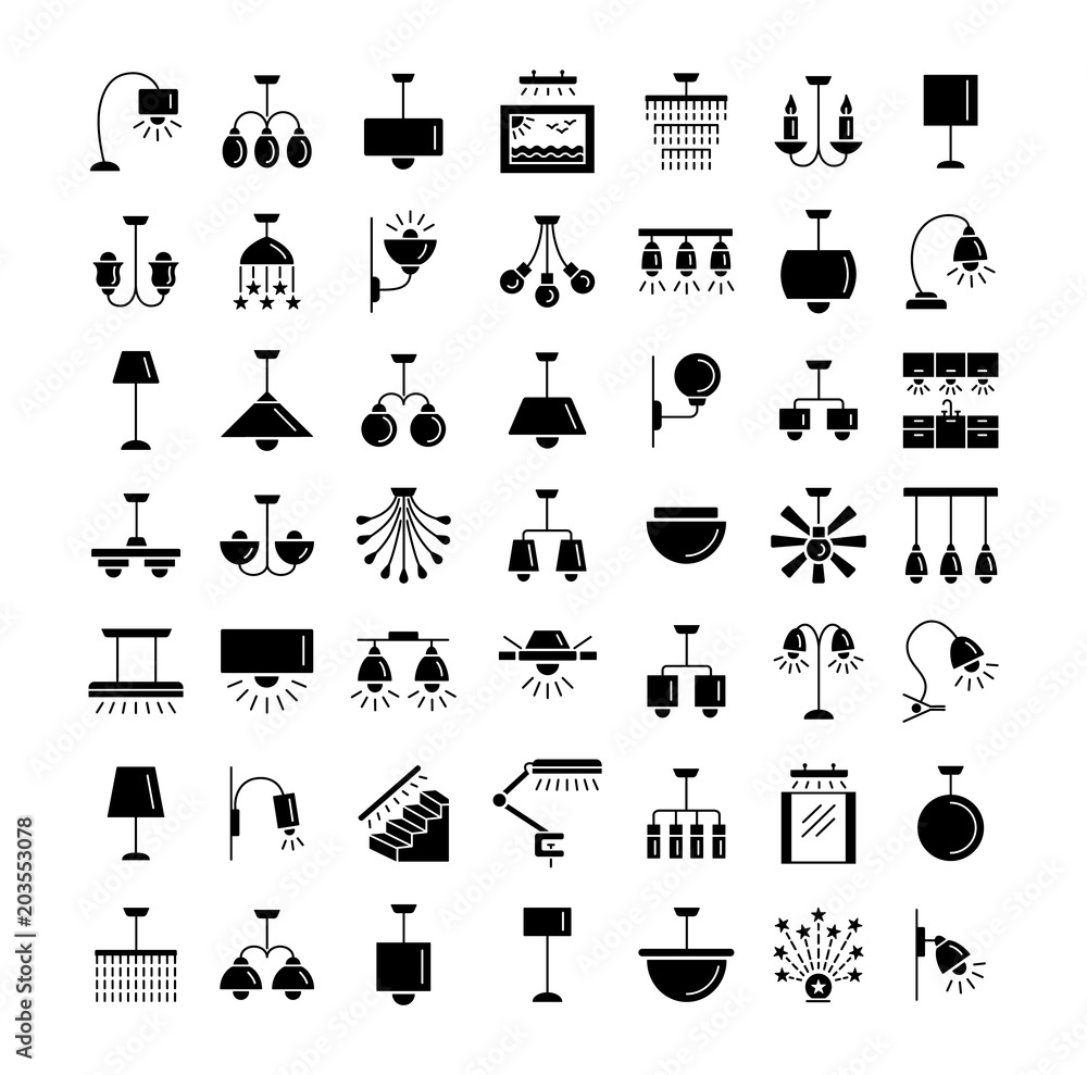 Indoor lighting. Wall, table and ceiling lamps. Home illumination ...