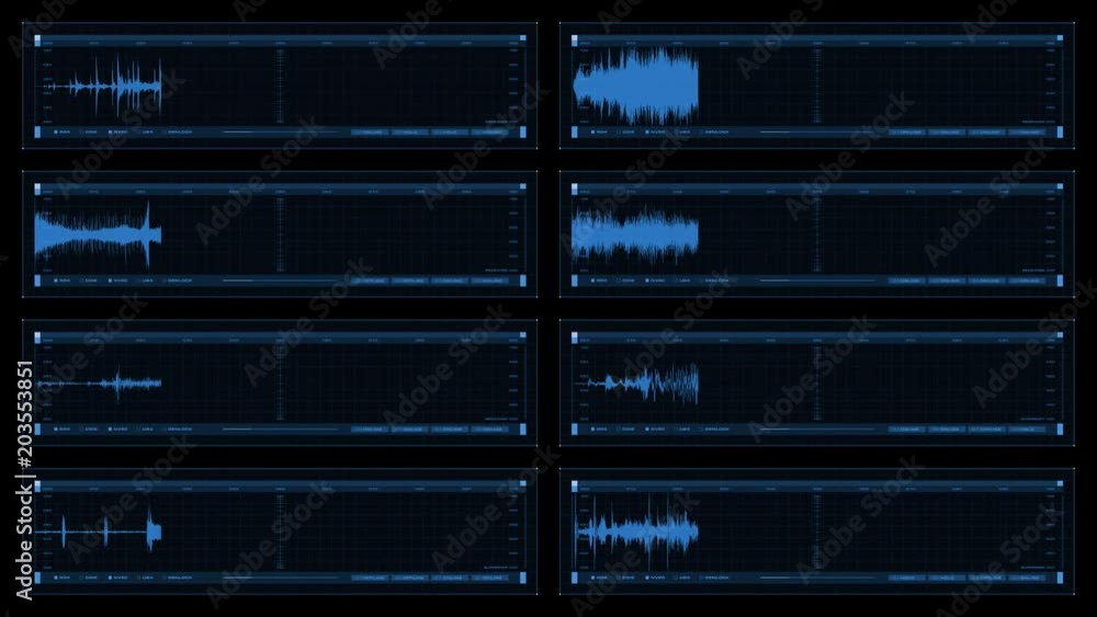 Monochromatic, multi-panel visual display: audio waveforms, readouts ...