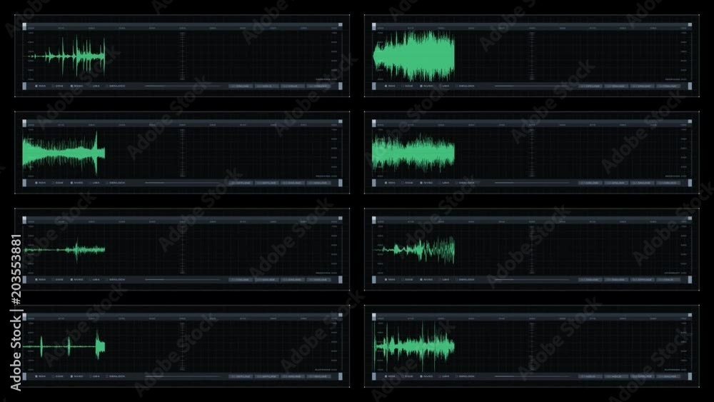Multi-panel visual display: audio waveforms, readouts, indicators ...