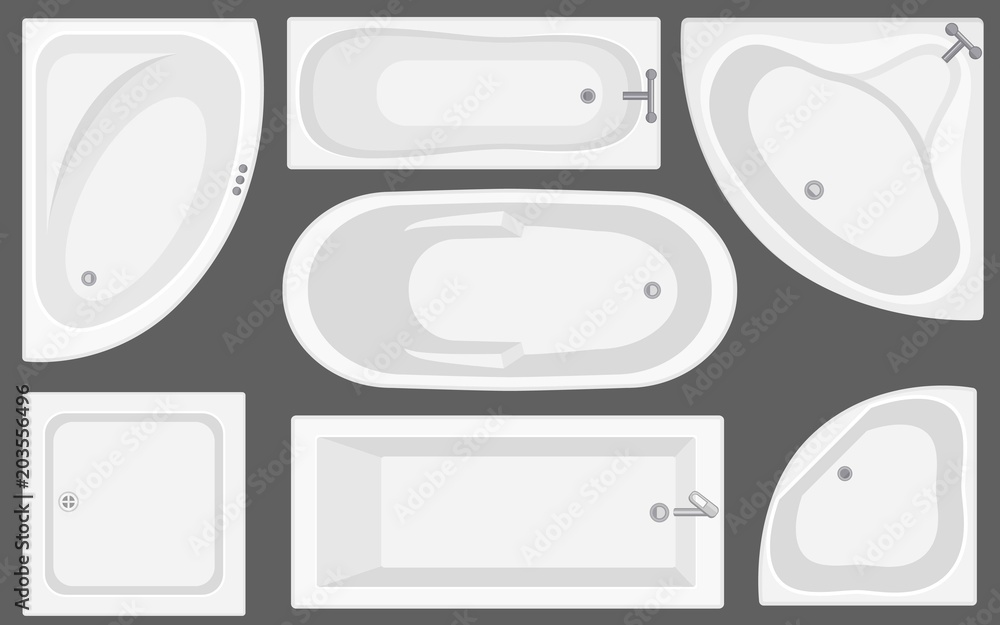 Bathtub top view collection.Vector illustration in flat style. Set of ...