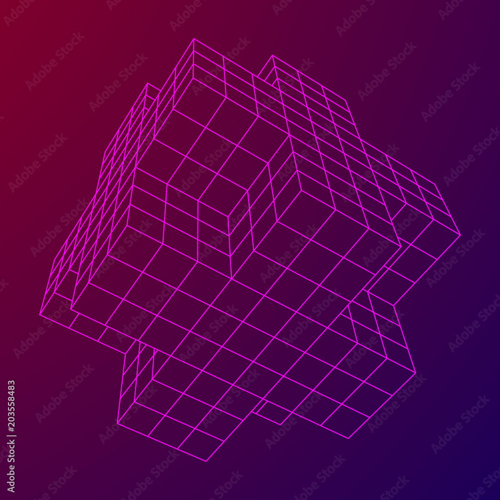 Wireframe Necker Cube. Cube of connected lines. Molecular lattice. The ...