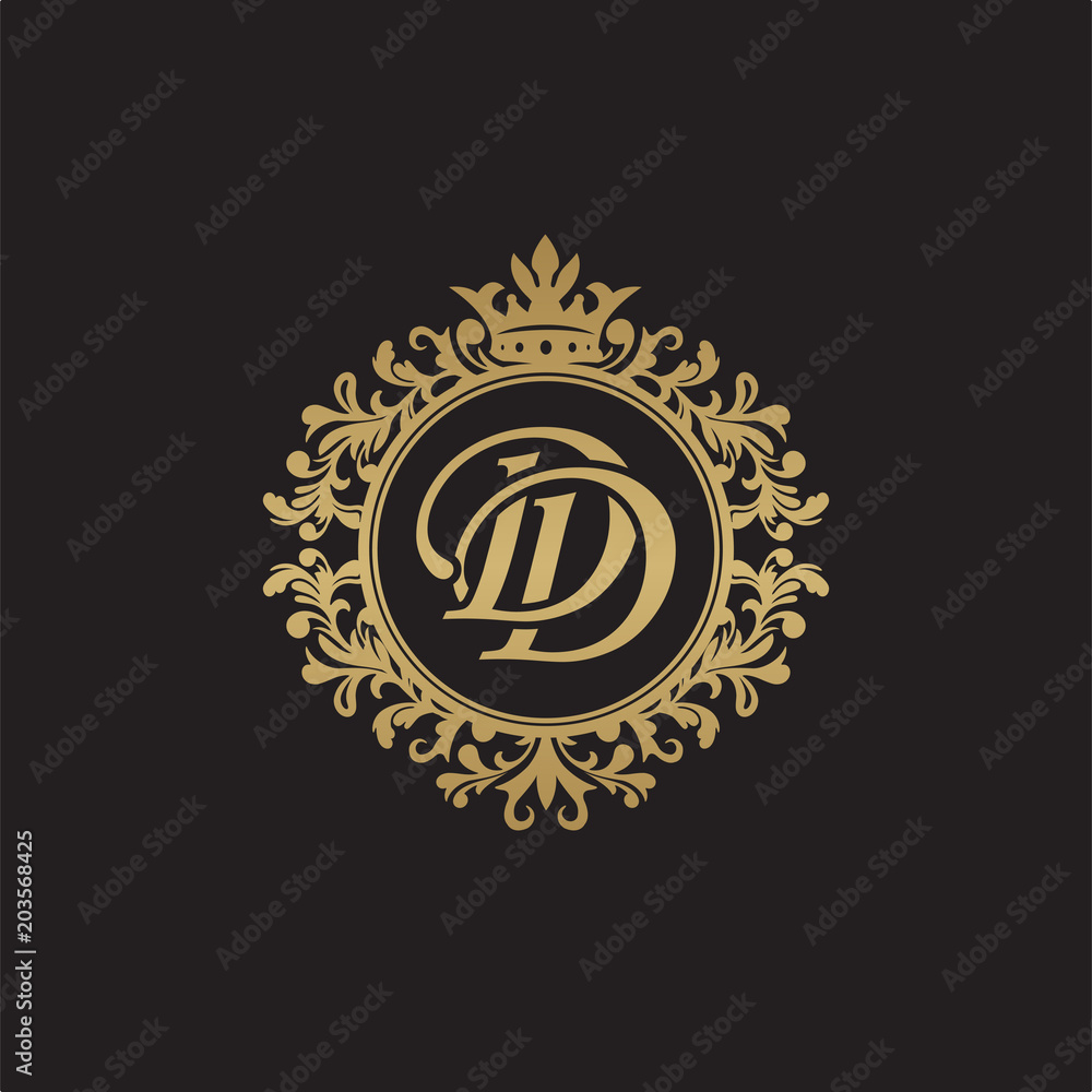Initial letter DD, overlapping monogram logo, decorative ornament badge, elegant luxury golden ...