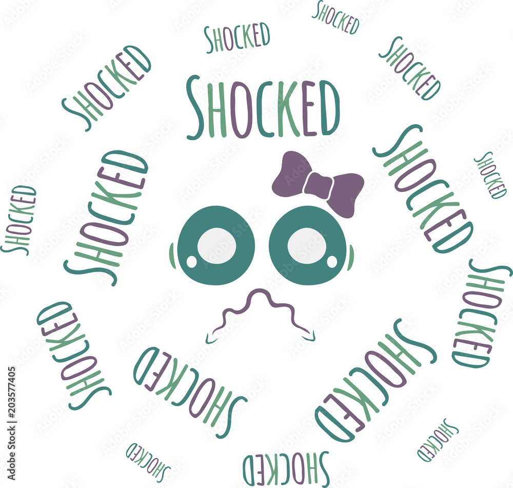 Text surrounding a face with a tie and with a shocked gesture. Hand ...