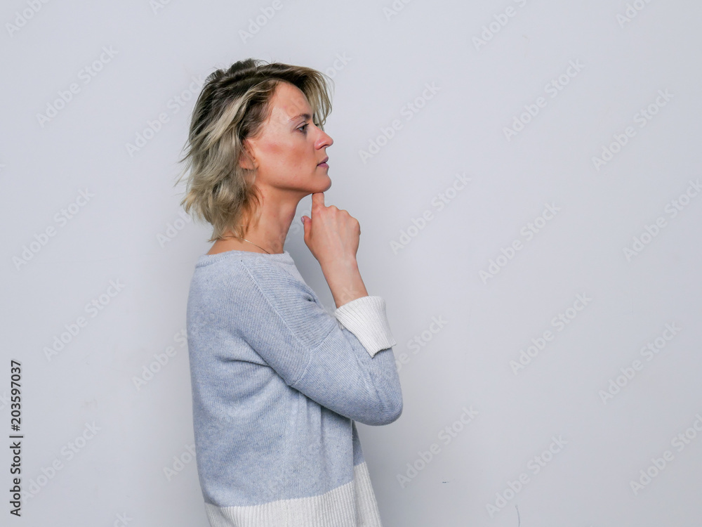 Emotional intelligence. Side view sequence of a woman thinking. Human ...
