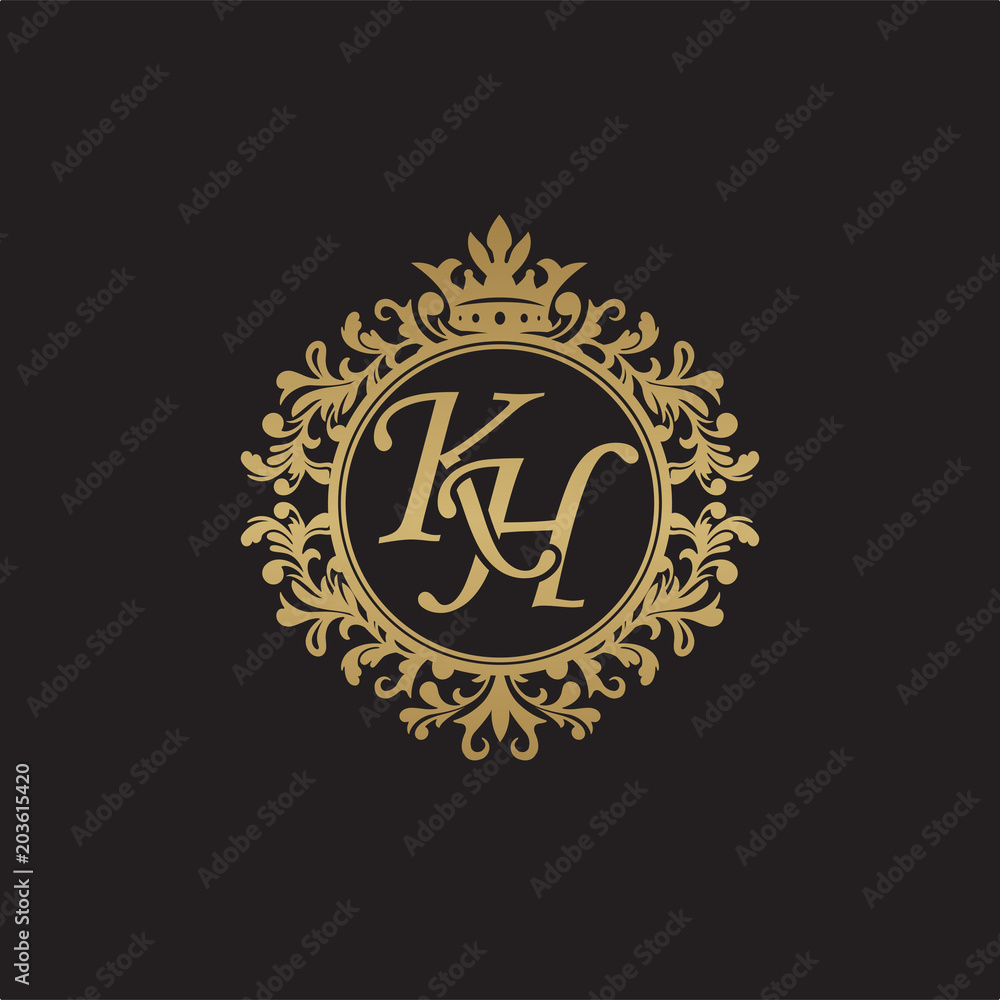 Initial letter KH, overlapping monogram logo, decorative ornament badge ...
