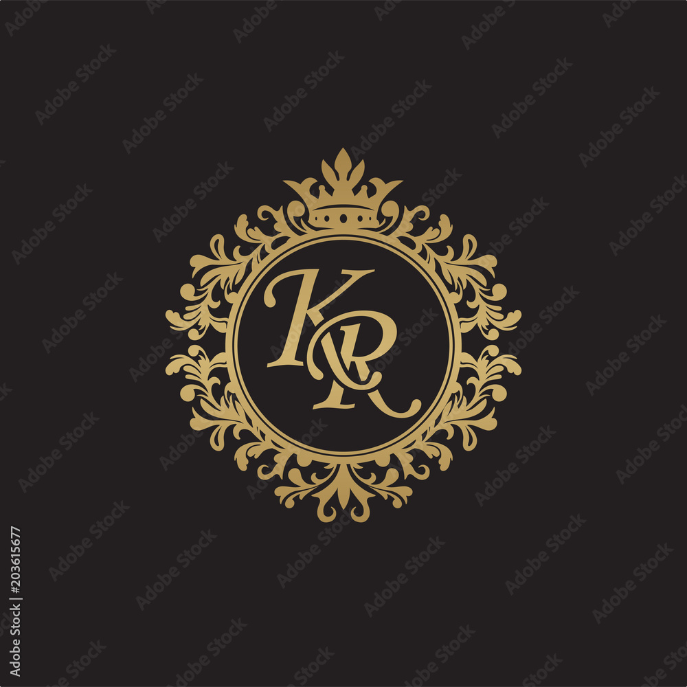 Initial letter KR, overlapping monogram logo, decorative ornament badge ...