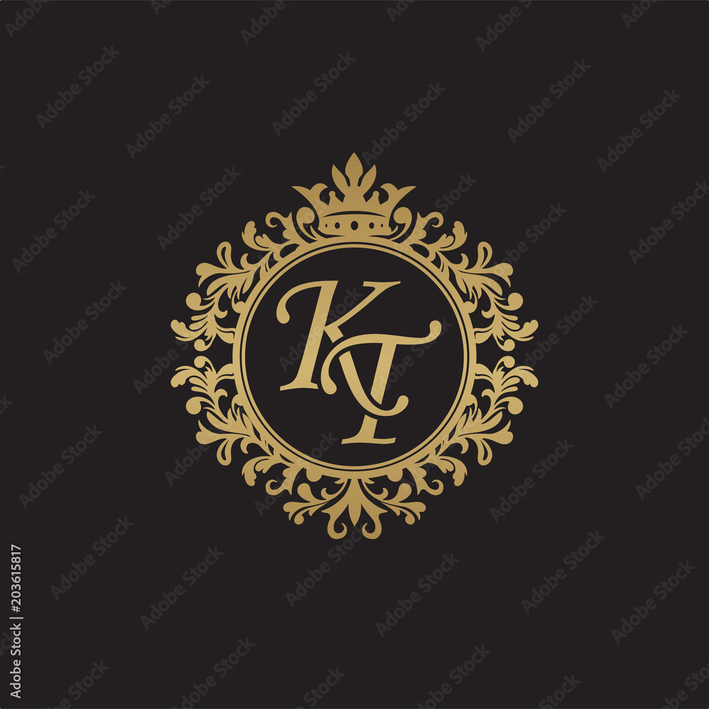 Initial letter KT, overlapping monogram logo, decorative ornament badge ...
