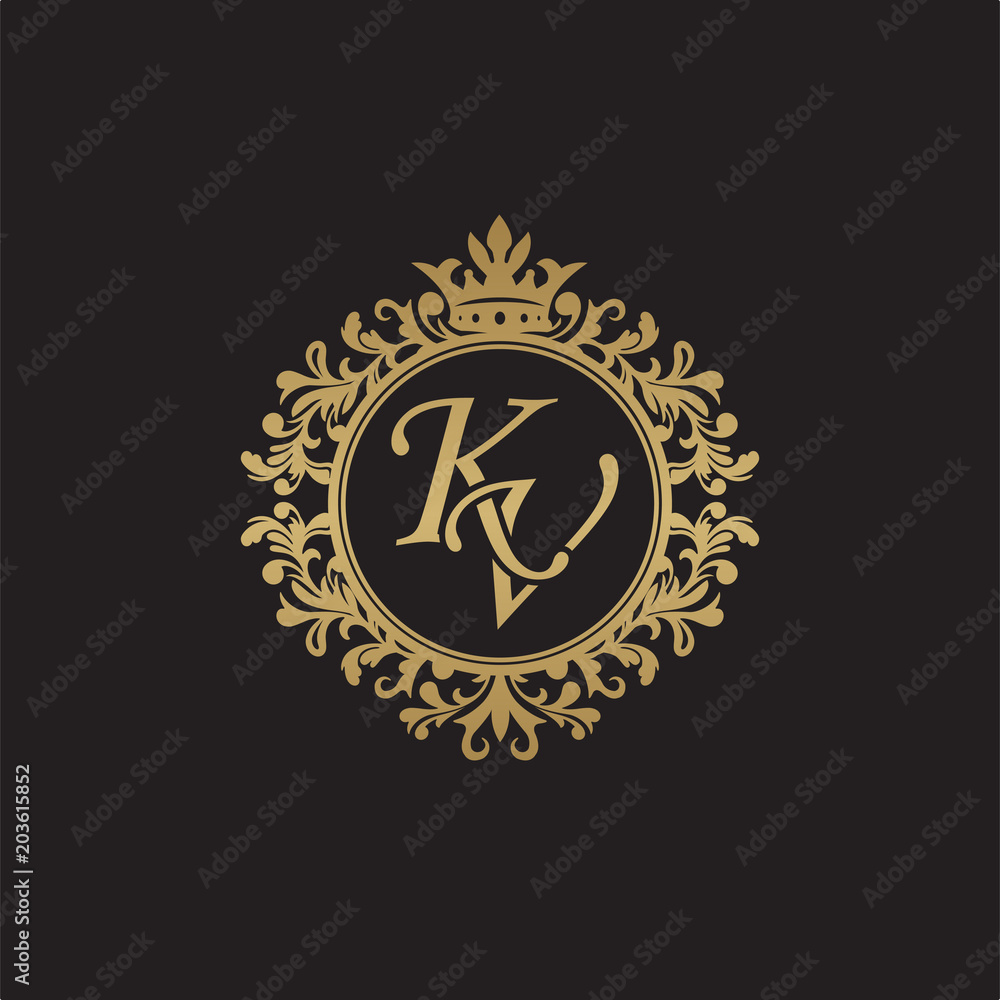 Initial letter KV, overlapping monogram logo, decorative ornament badge ...