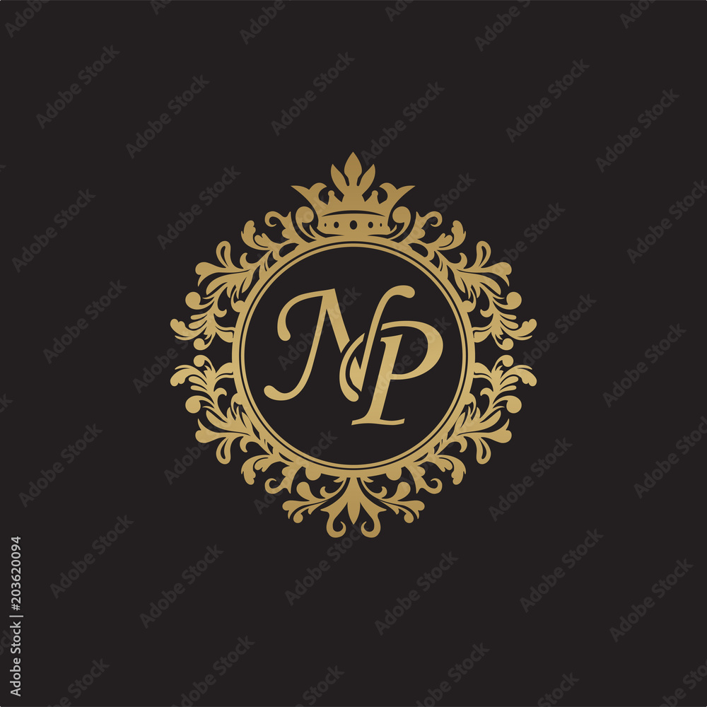 Initial letter NP, overlapping monogram logo, decorative ornament badge ...