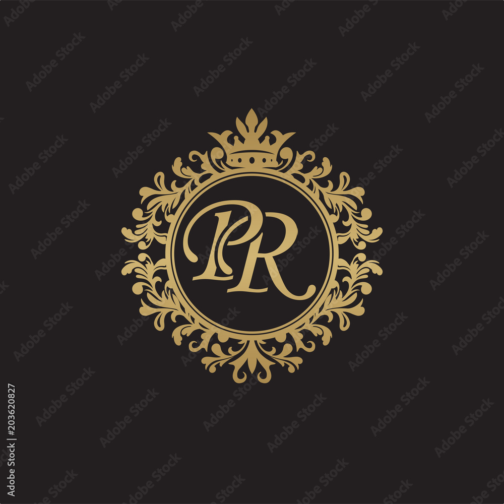Initial letter PR, overlapping monogram logo, decorative ornament badge ...