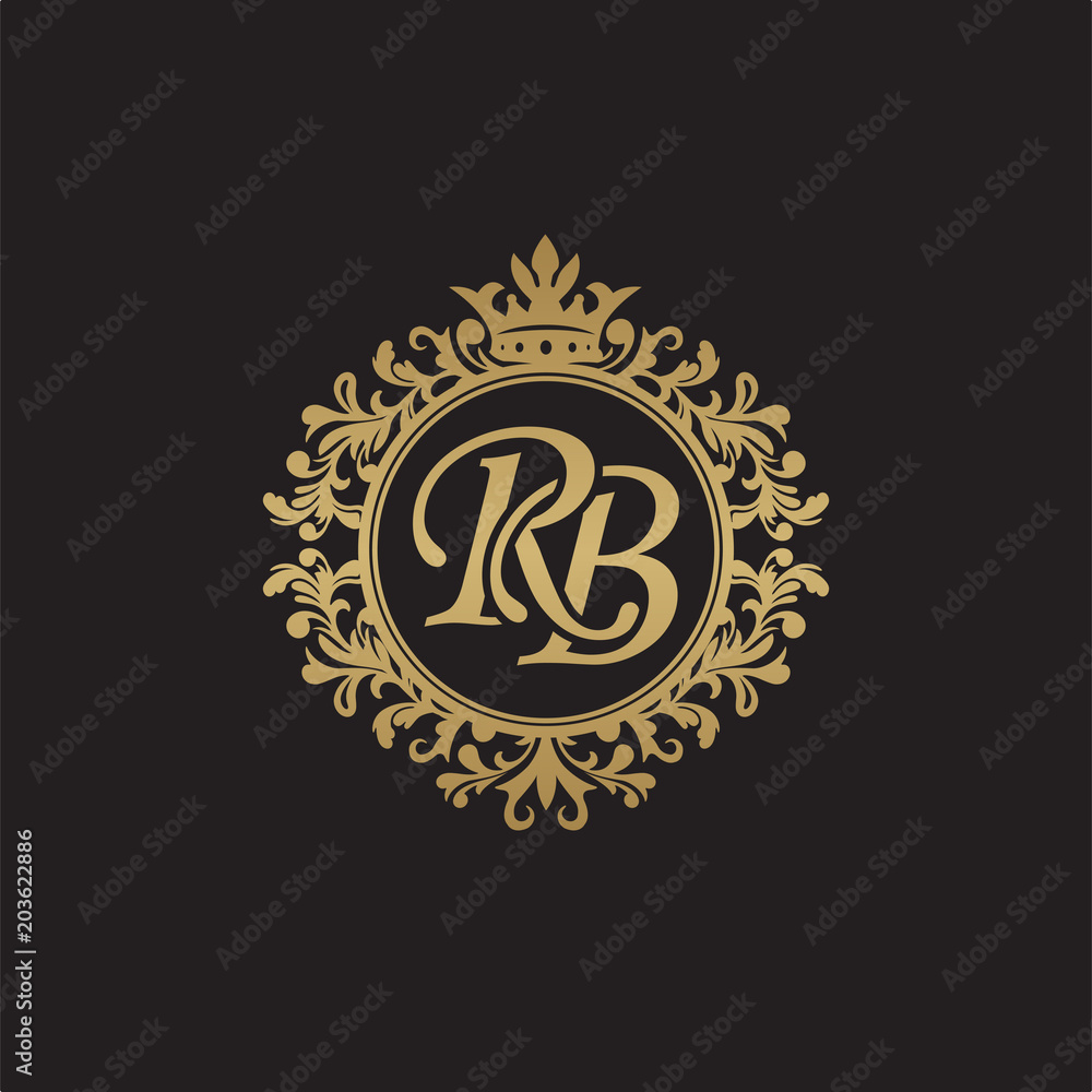 Initial letter RB, overlapping monogram logo, decorative ornament badge, elegant luxury golden ...