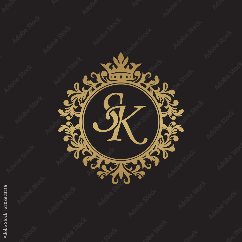 Initial letter SK, overlapping monogram logo, decorative ornament badge ...