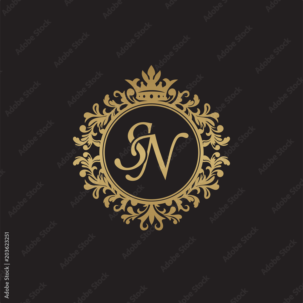 Initial letter SN, overlapping monogram logo, decorative ornament badge ...