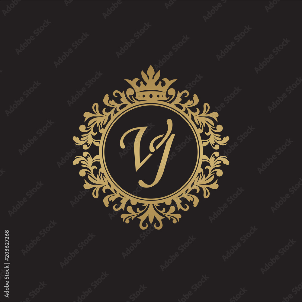 Initial letter VJ, overlapping monogram logo, decorative ornament badge ...