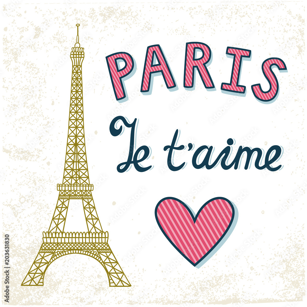 Vintage card with the Eiffel Tower and text "Paris I love you" in ...