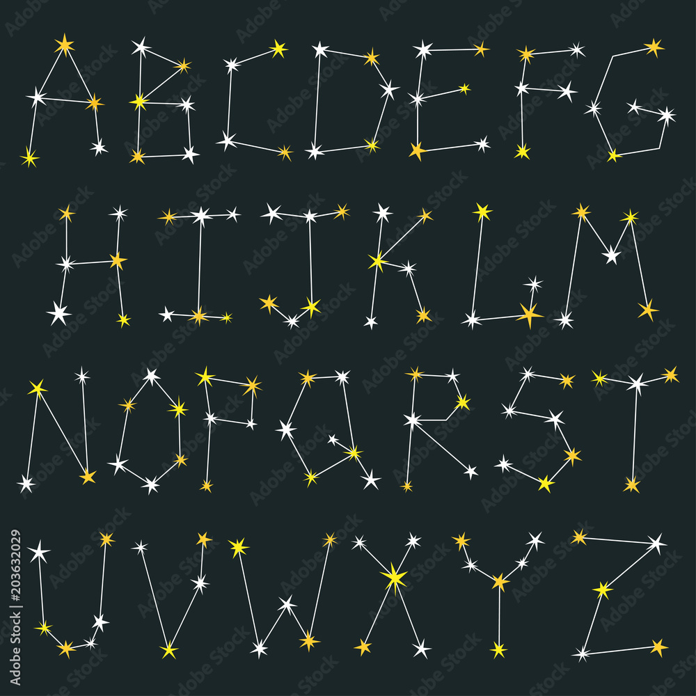 Vector set of letters made from constellations. Stylish abc with stars ...