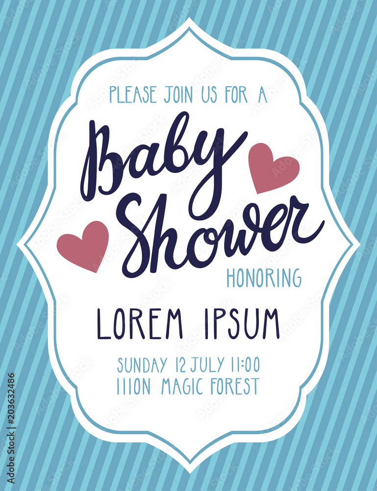 Baby shower invitation card. Cute blue background with hearts and ...