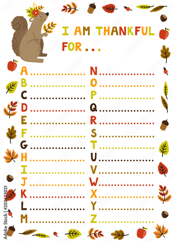 Vector illustration with Thanksgiving ABC sheet. Concept background ...