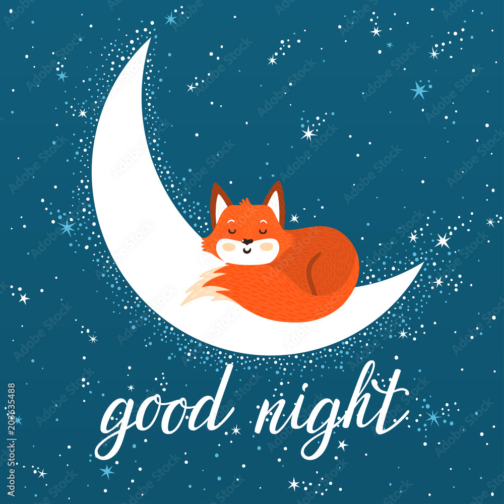 Vector night card with cute fox and hand written phrase "Good night ...