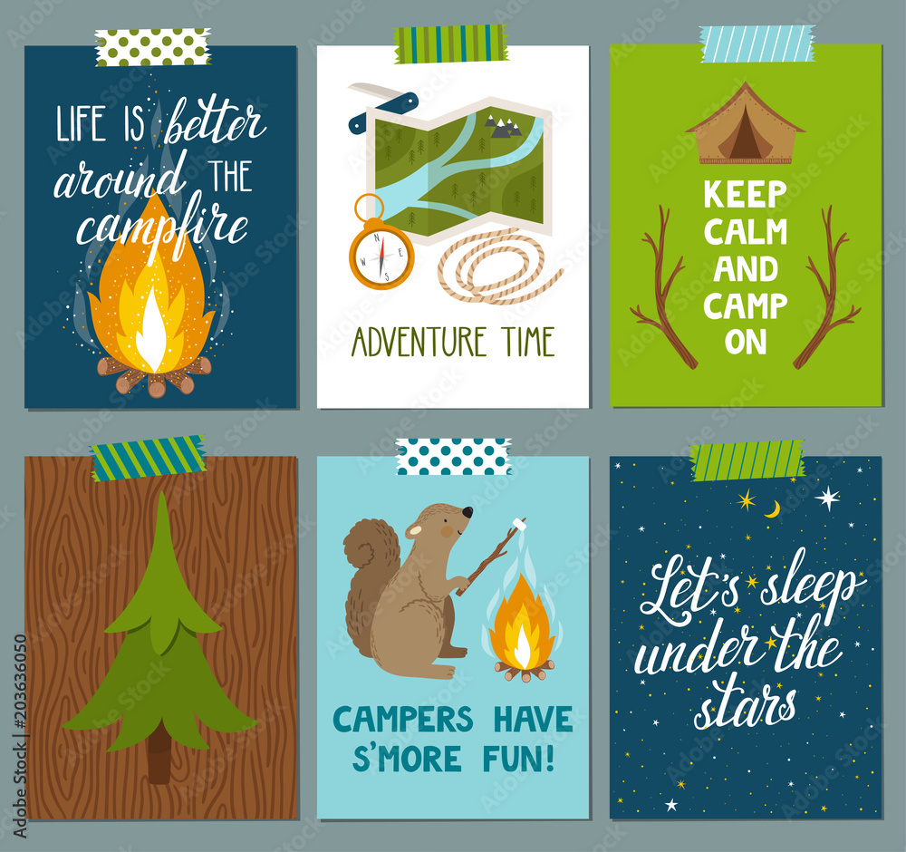 Vector set of camping cards. Beautiful hand drawn posters with bonfire ...