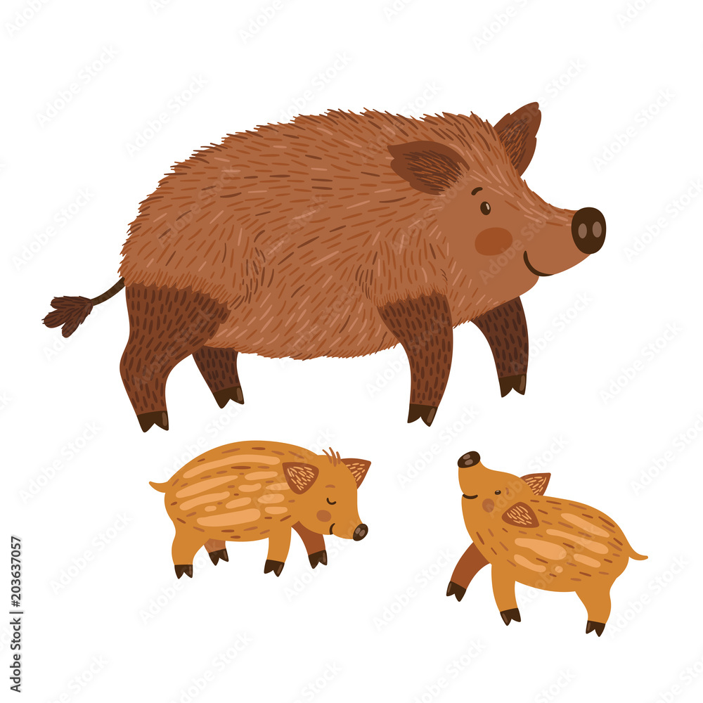 Vector illustration of wild boar with babbies. Cute hand drawing ...