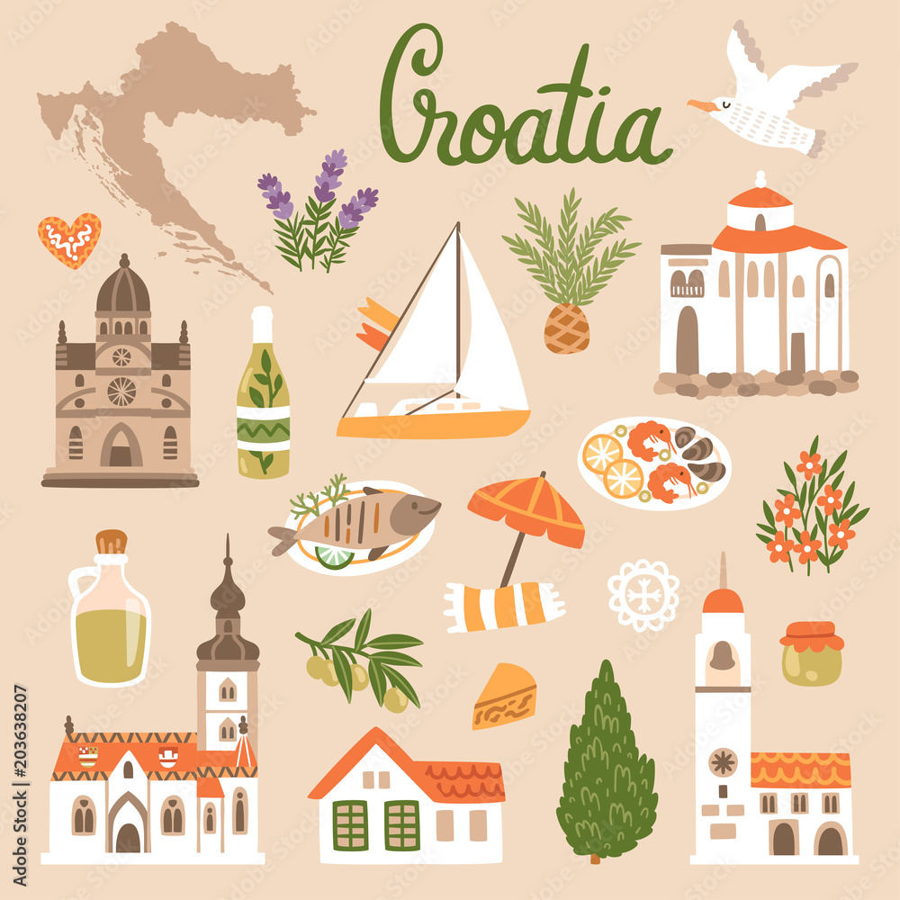Vector icon set of Croatia's symbols. Travel illustration with croatian ...