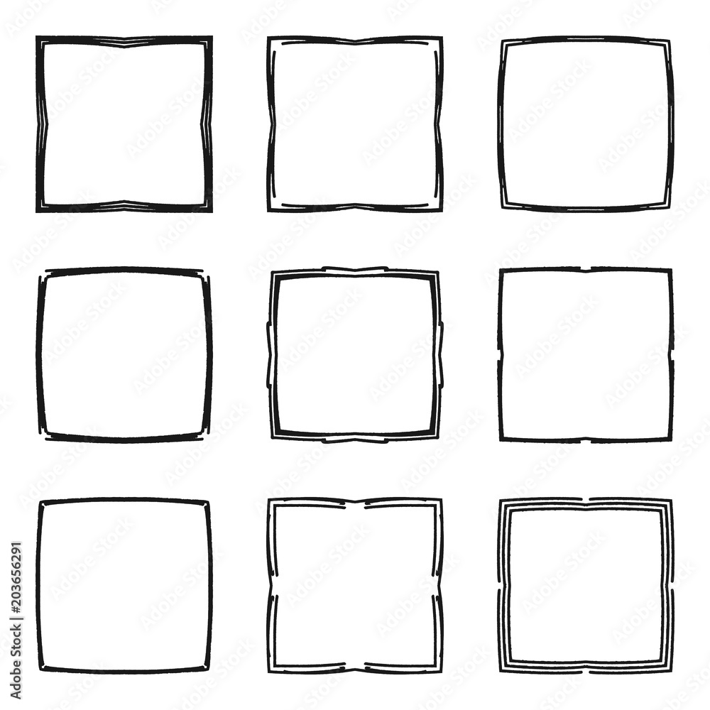 Set of hand drawn decorative square frames and borders. Mono line ...